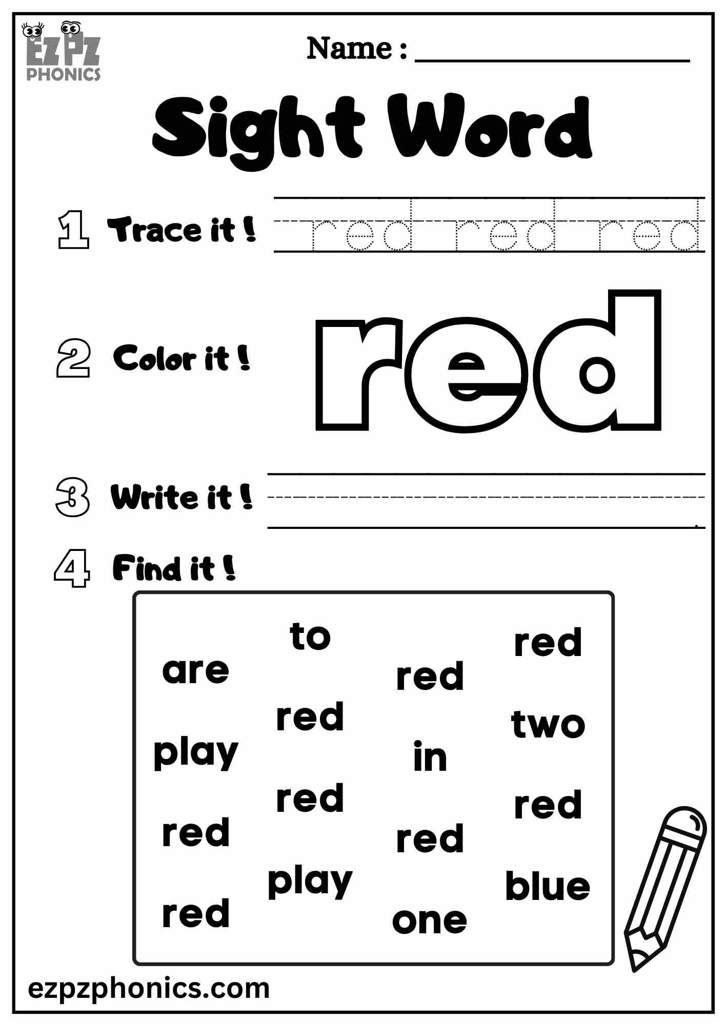 The "Red" Sight Word Worksheet for Pre-Kindergarten Dolch Sight Words - ezpzphonics.com